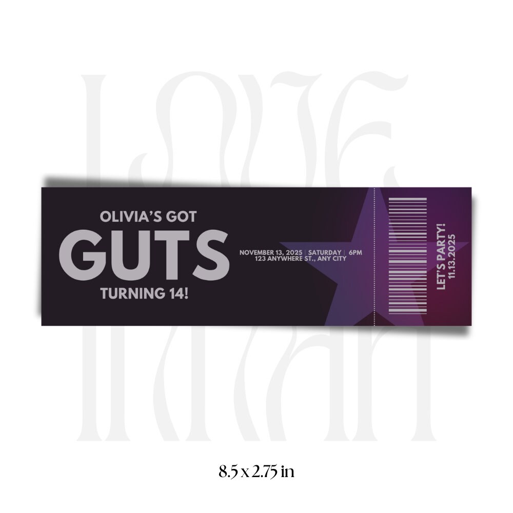 Guts Ticket Invitation, Guts Birthday Invitation, Guts Party, Olivia ...