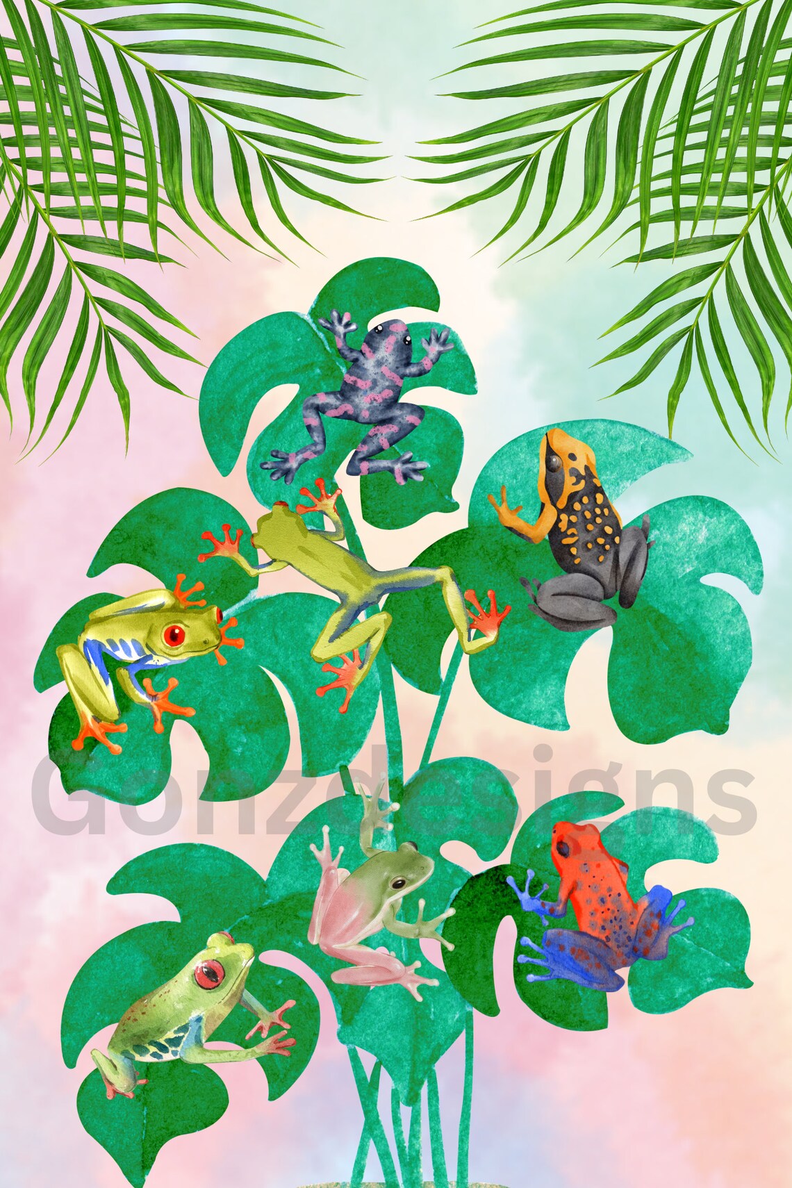 5 Sizes Frogs Rain Forest Jungle Watercolor Digital Print Home Decor ...