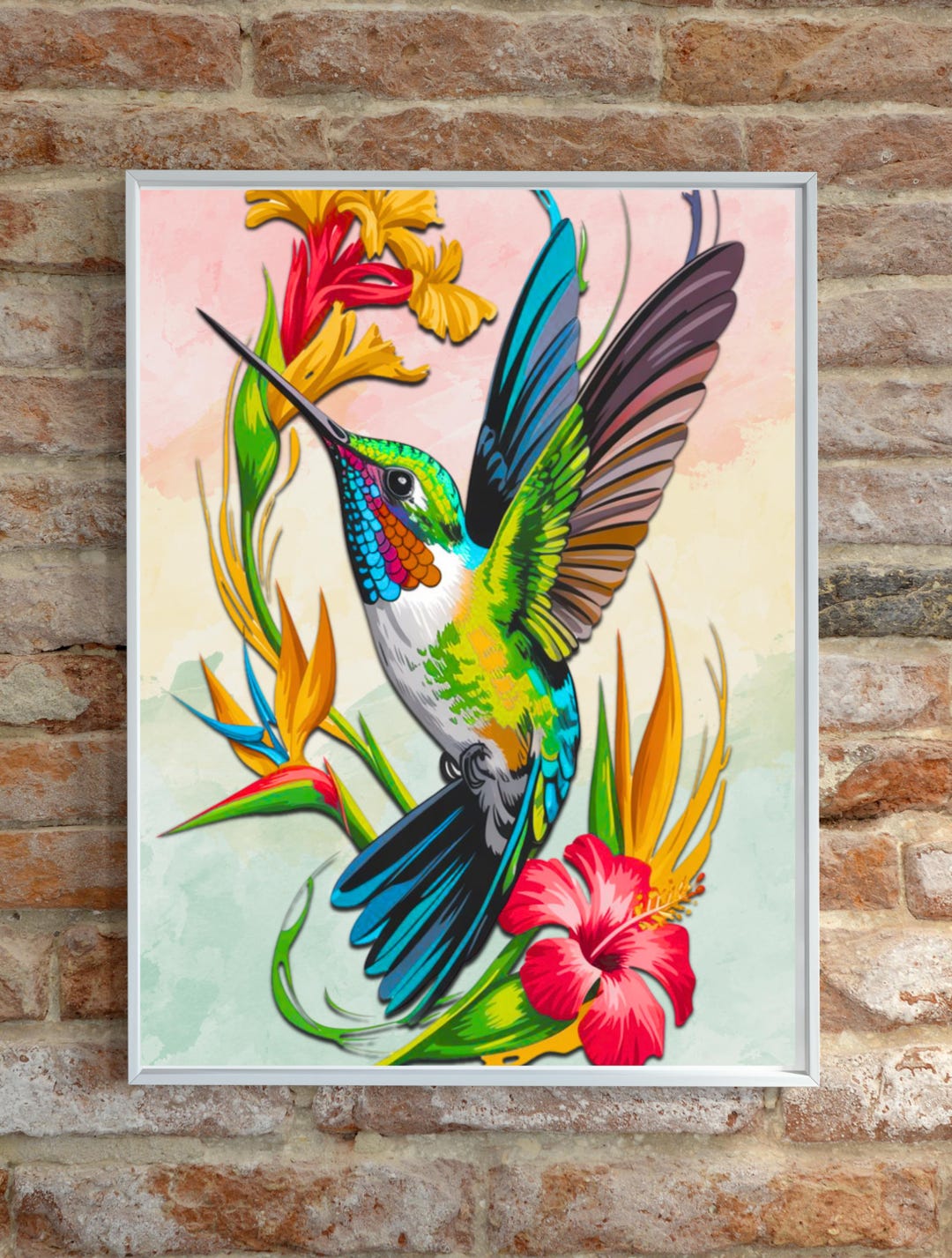 Colorful Hummingbird Wall Art Print – Tropical Bird & Flower ...