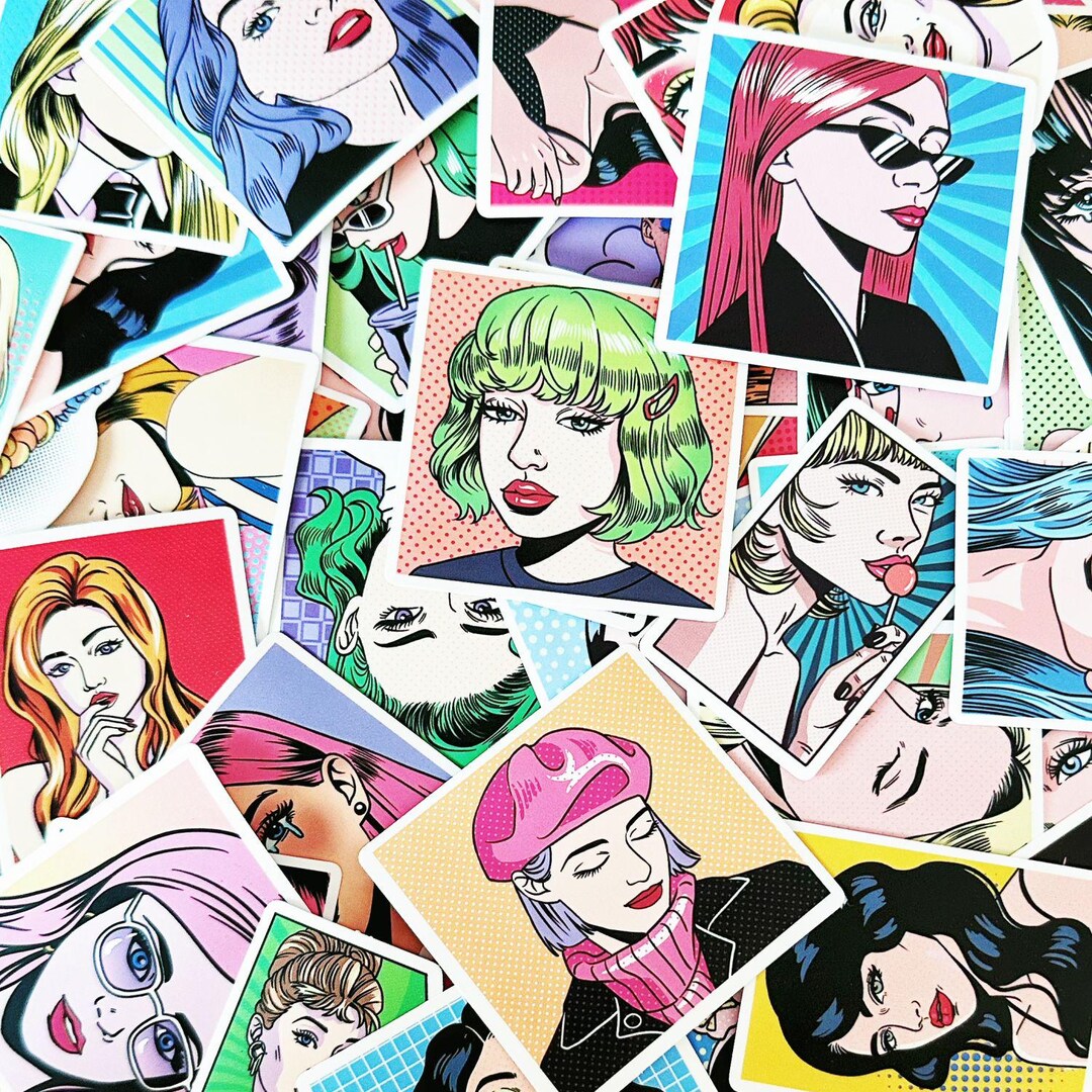100 Random Pop Art Portrait Stickers Retro Comic Style Fashionable Girl ...