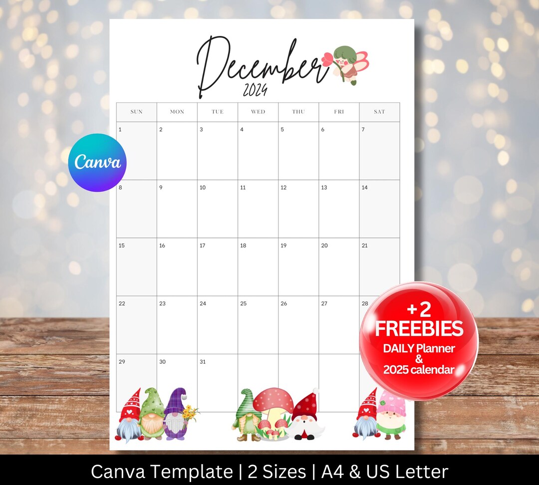 EDITABLE Christmas Calendar, December 2024 Printable Calendar, Monthly ...