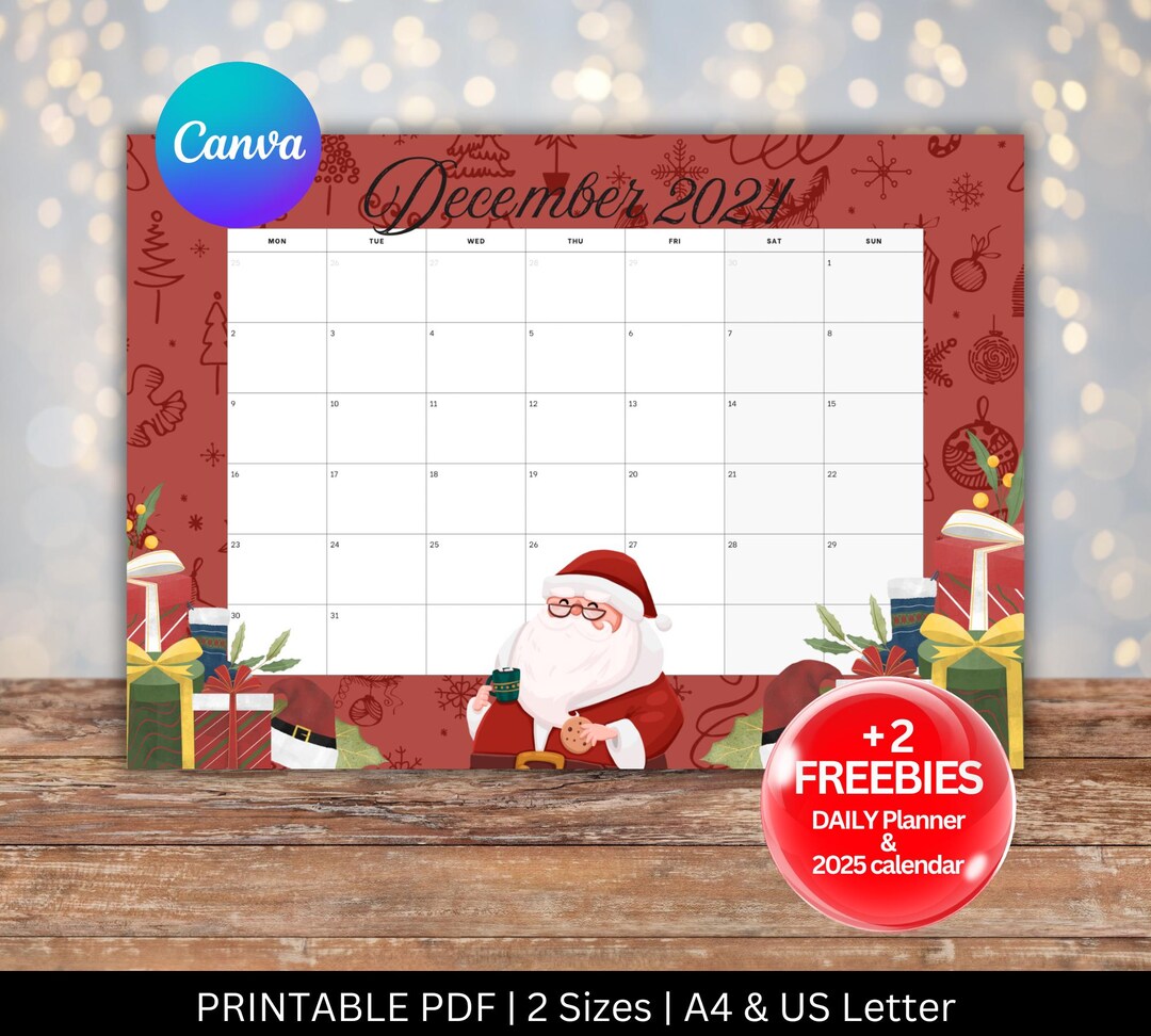 EDITABLE Christmas Calendar, December 2024 Printable Calendar, Monthly ...