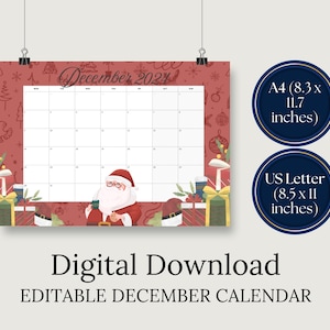 EDITABLE Christmas Calendar, December 2024 Printable Calendar, Monthly ...