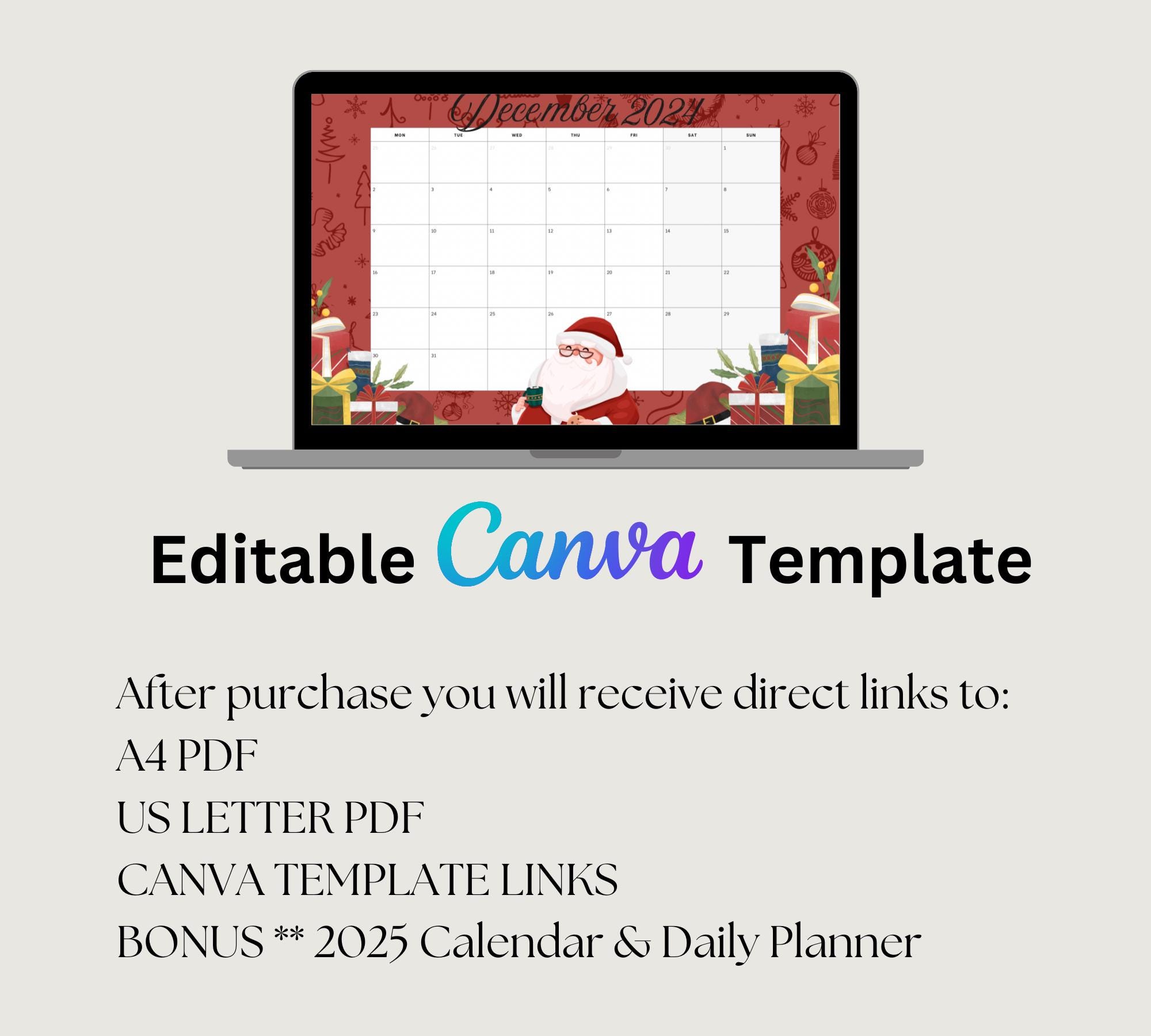 EDITABLE Christmas Calendar, December 2024 Printable Calendar, Monthly ...