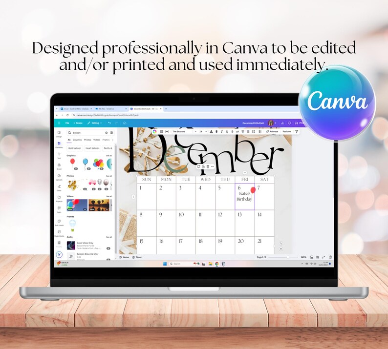 EDITABLE Christmas Calendar, December 2024 Printable Calendar, Monthly ...