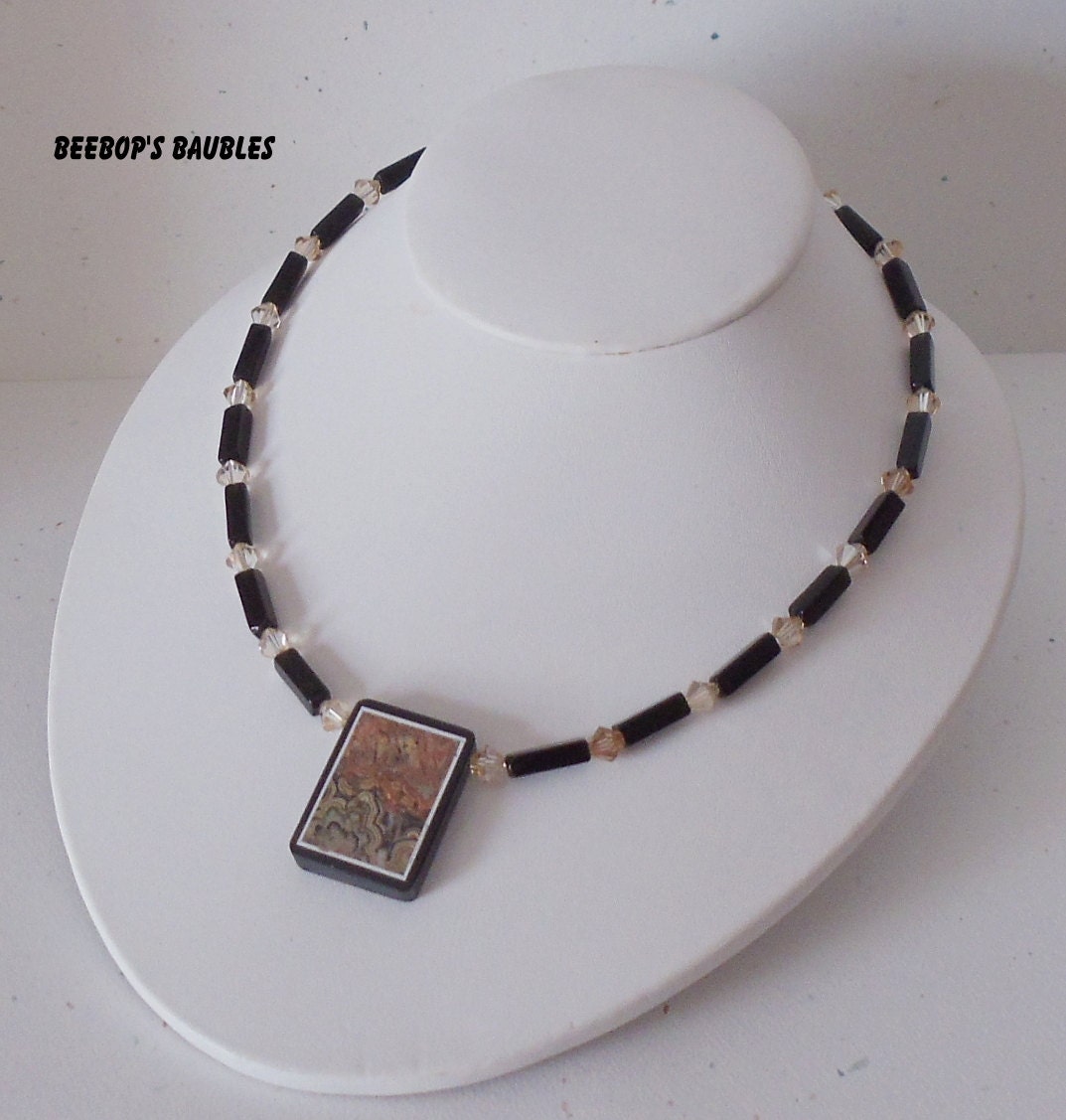 Flowering Tube Onyx Intarsia Pendant, Onyx & Swarovski Crystal Necklace ...