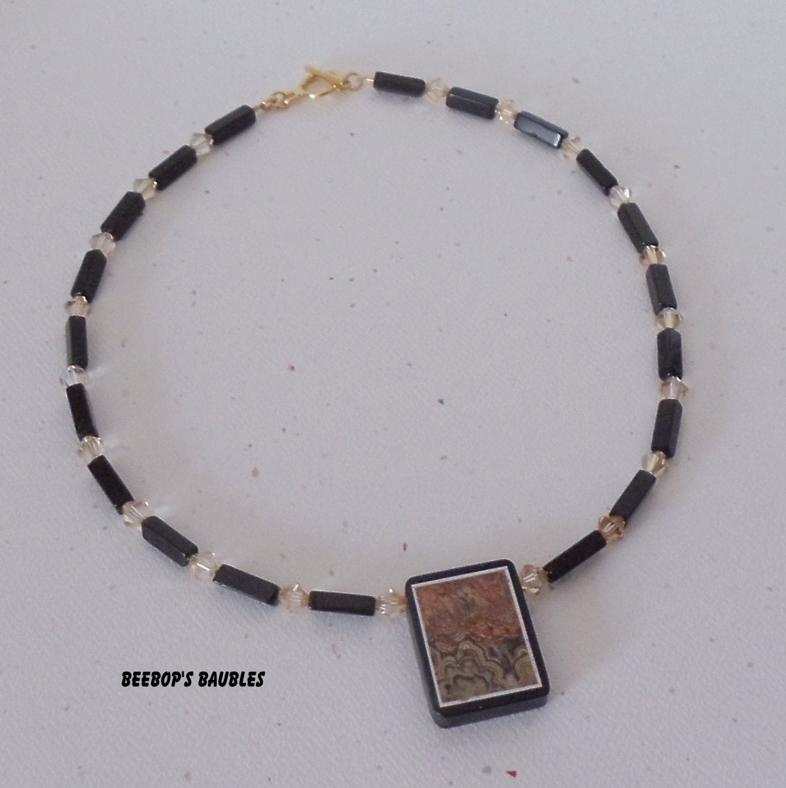 Flowering Tube Onyx Intarsia Pendant, Onyx & Swarovski Crystal Necklace ...