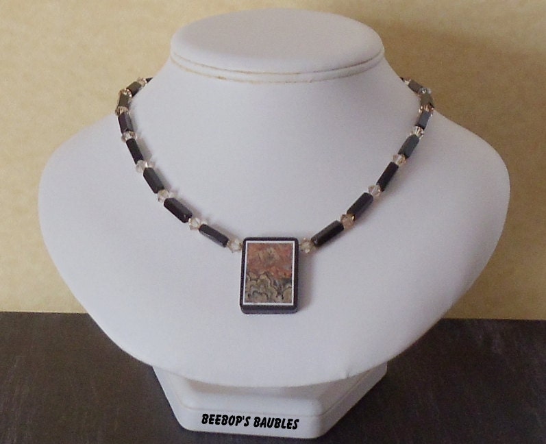 Flowering Tube Onyx Intarsia Pendant, Onyx & Swarovski Crystal Necklace ...
