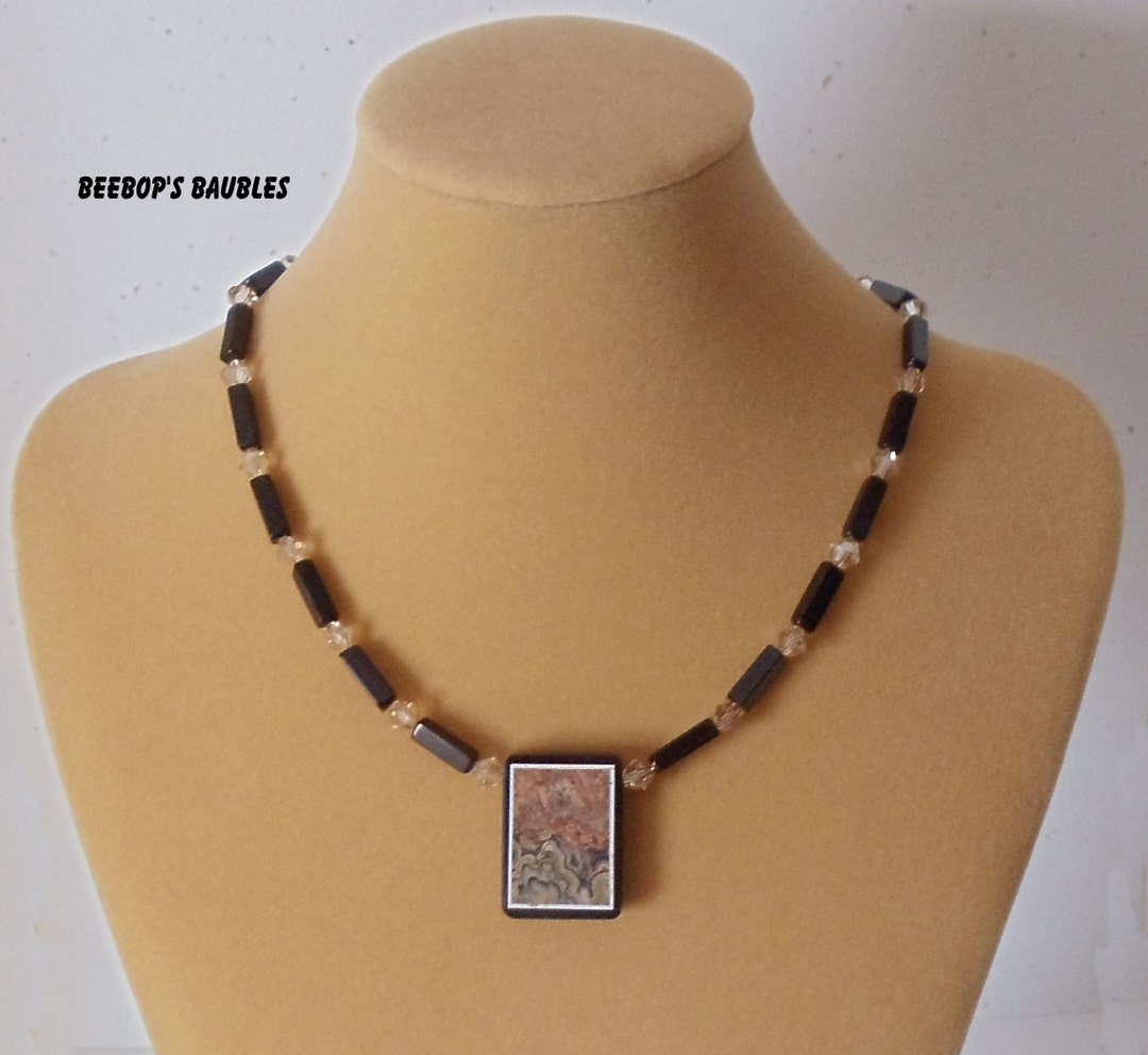 Flowering Tube Onyx Intarsia Pendant, Onyx & Swarovski Crystal Necklace ...