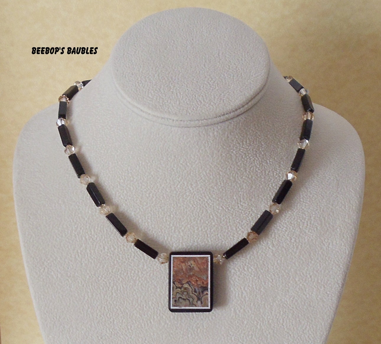 Flowering Tube Onyx Intarsia Pendant, Onyx & Swarovski Crystal Necklace ...