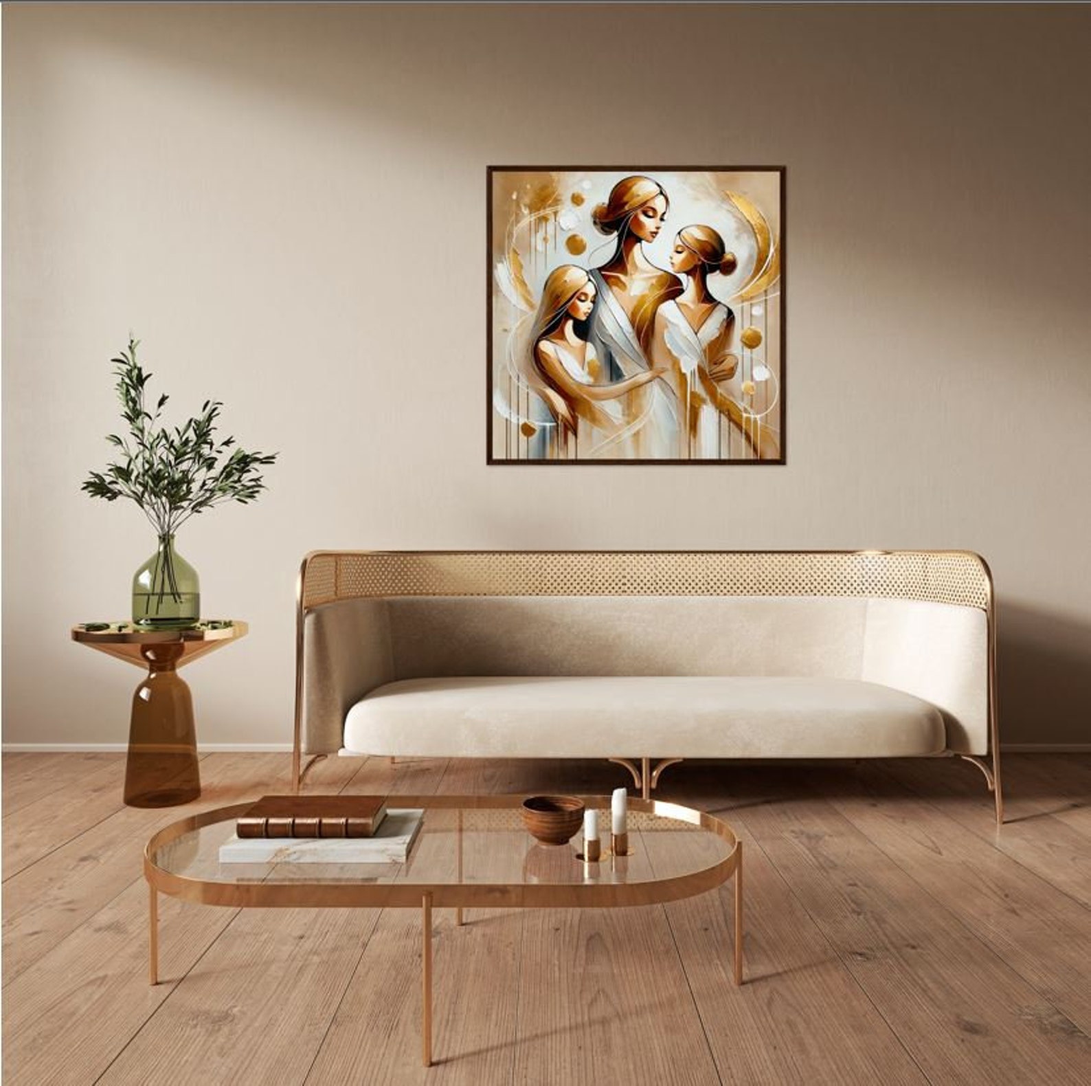 Elegant Abstract Painting of Mother and Two Daughters in White, Gold ...