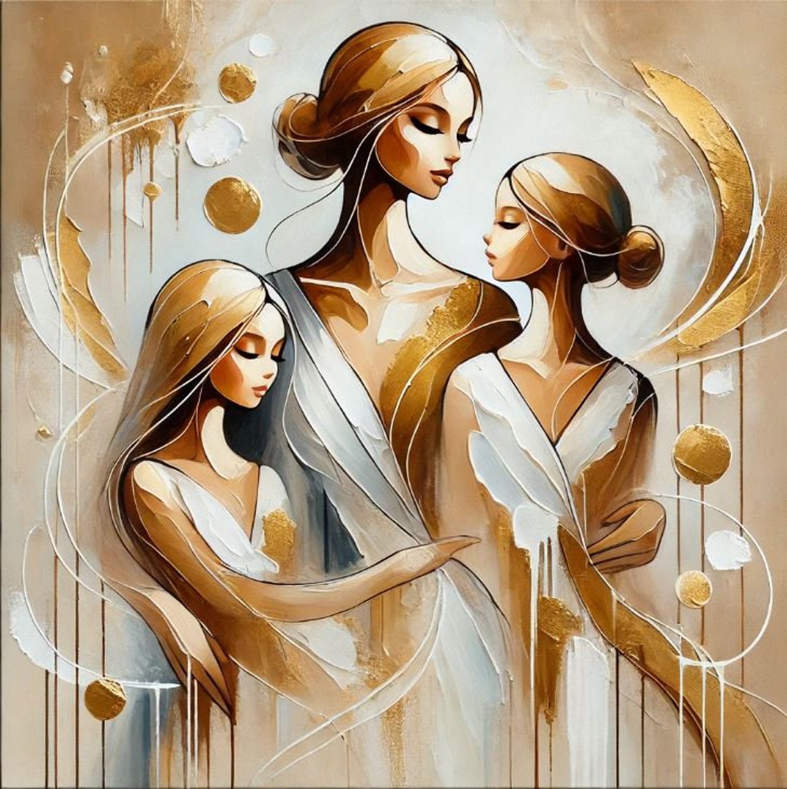 Elegant Abstract Painting of Mother and Two Daughters in White, Gold ...
