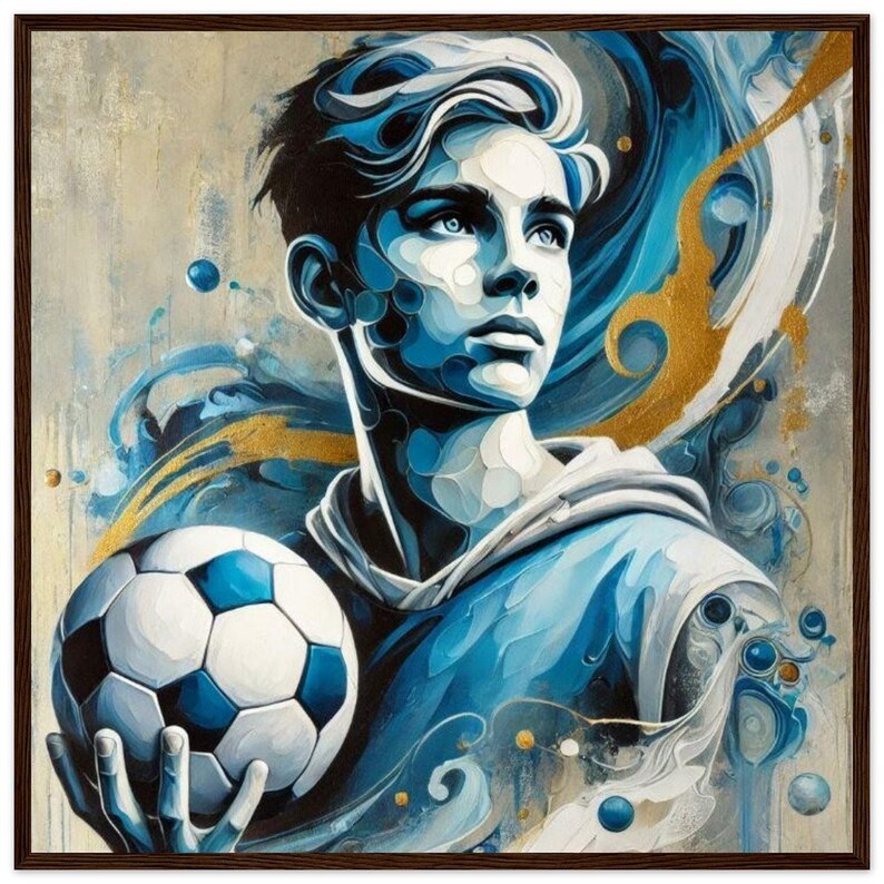 Dynamic Abstract Painting of Teenager Boy With Soccer Ball in Blue ...