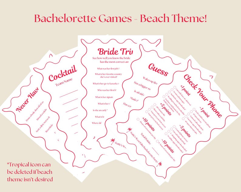 Bachelorette Party Games, Beach Bachelorette Games, Pink Beach Theme ...