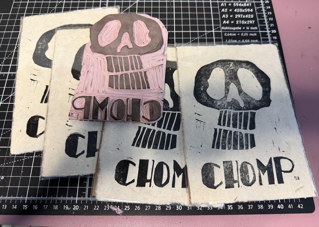 CHOMP - Skull Linocut Print - Etsy