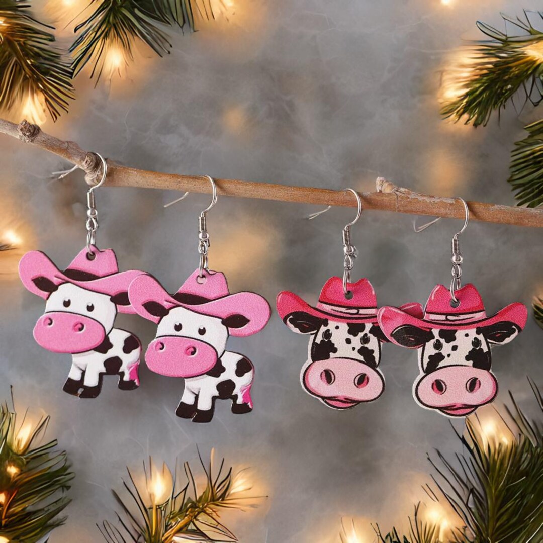 New Western Pink Cowboy Hat & Cow Tassel Earrings Farm-themed Wooden ...