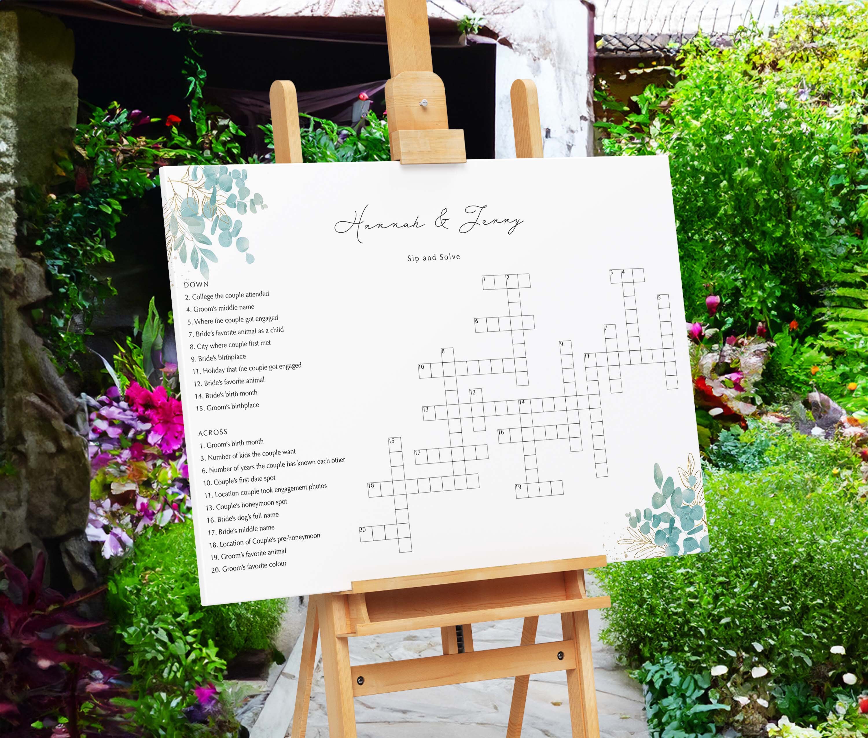 Sip and Solve Wedding Sign, Custom Extra Large Wedding Crossword Puzzle ...
