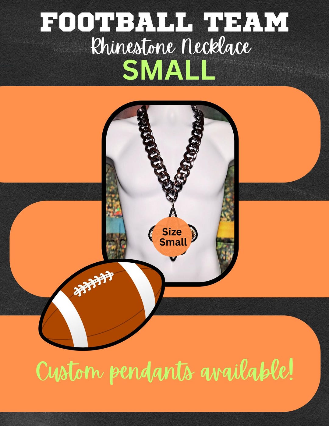 FOOTBALL Small S Team Necklace Logo Rhinestones Bling Game Day Sports ...