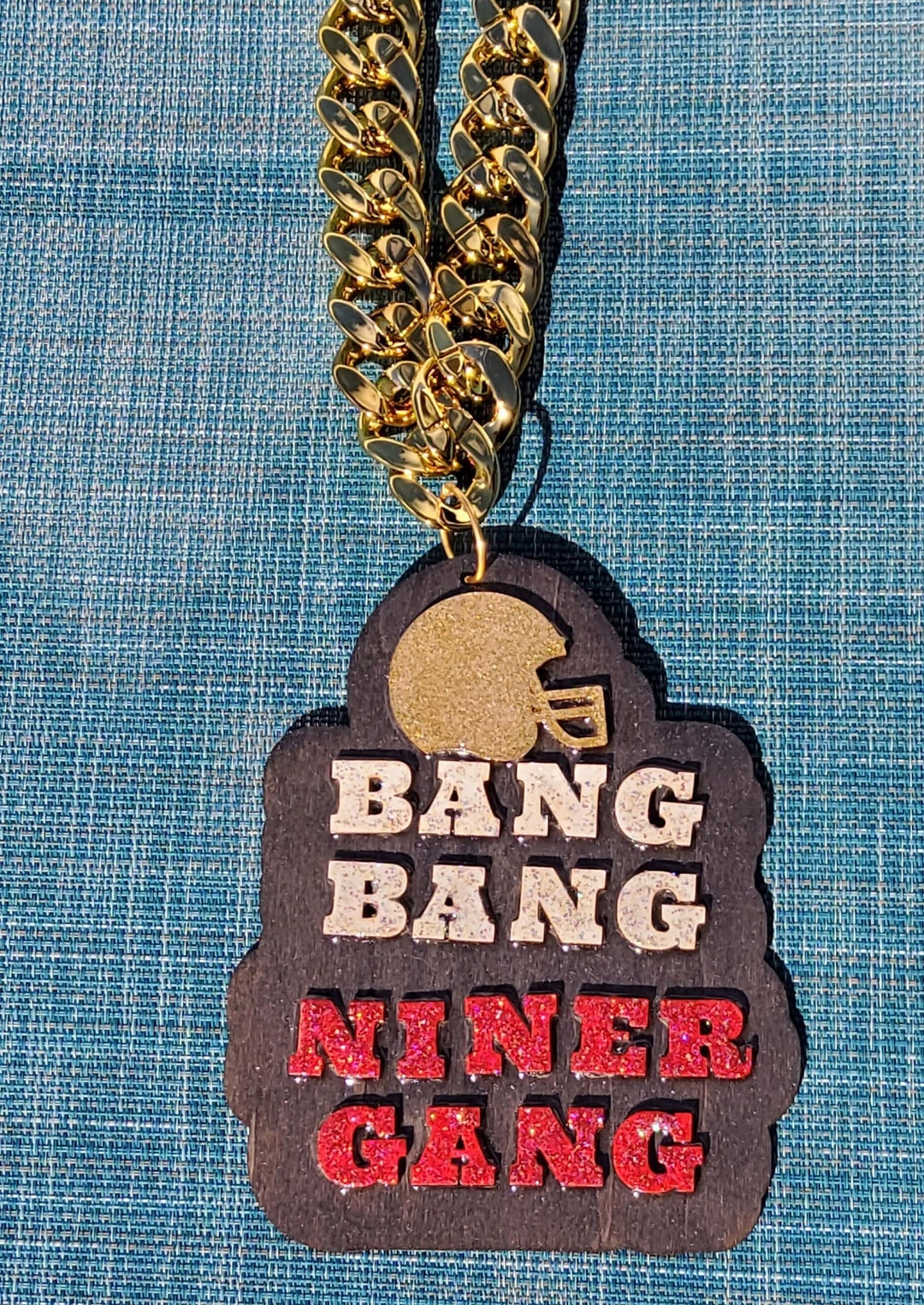 Jumbo Sf 49ers Game Day Necklace Gold Acrylic Chain Hand Painted Team ...