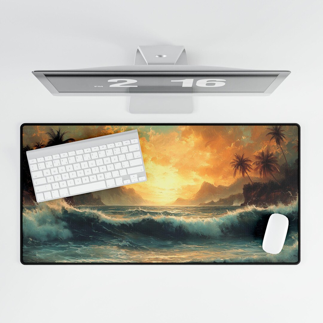 Tropical Sunset Desk Mat, Ocean Waves Desk Pad, Illuminating Seascape ...