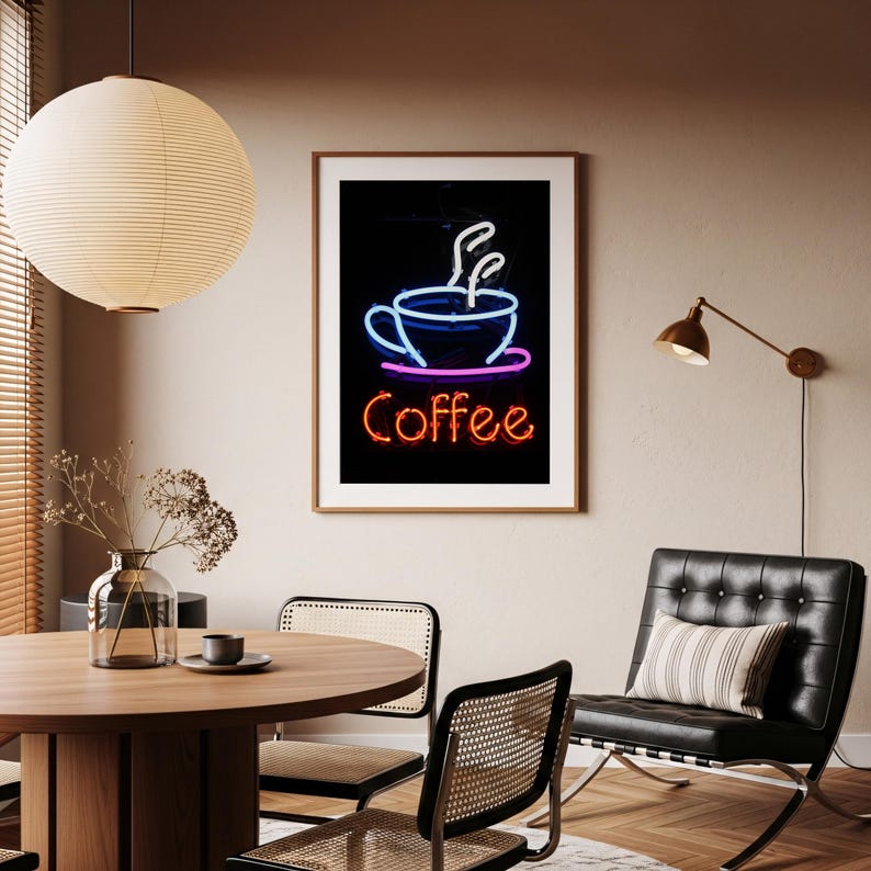 Neon Coffee Art, Retro Cafe Print, Colorful Neon Light Poster, Vintage ...