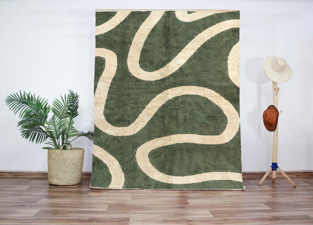 Modern Sage Green & Cream Wavy Lines Area Rug | Abstract Organic ...