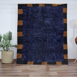 Modern Blue & Terracotta Checkered Border Rug | Geometric Block Pattern ...