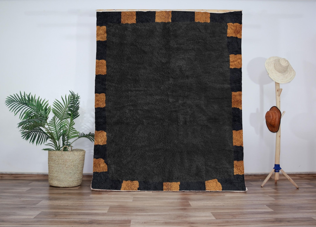 Modern Black & Orange Checkered Border Area Rug | Geometric Block ...
