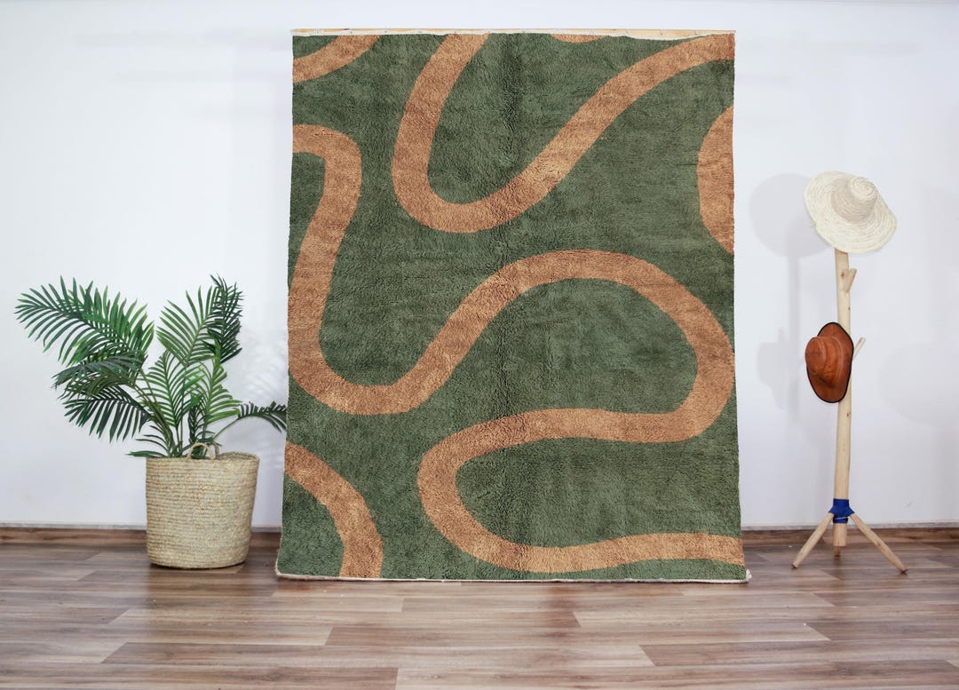 Modern Sage Green & Terracotta Wavy Lines Rug | Abstract Organic ...