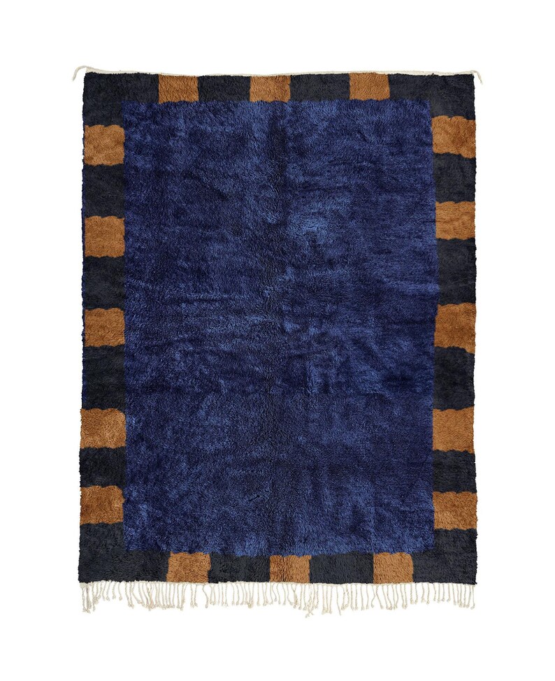Modern Blue & Terracotta Checkered Border Rug | Geometric Block Pattern ...