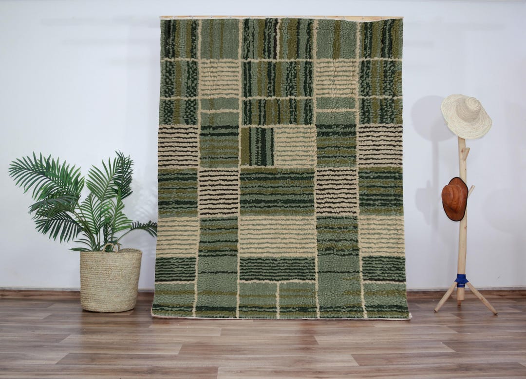 Olive Green Checkered Wool Rug, Modern Handknotted Moroccan Carpet ...