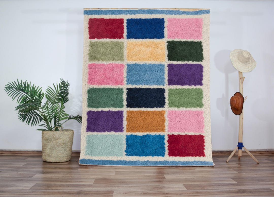 Handmade Colorful Wool Rug, Modern Geometric Area Carpet, Vibrant Boho ...