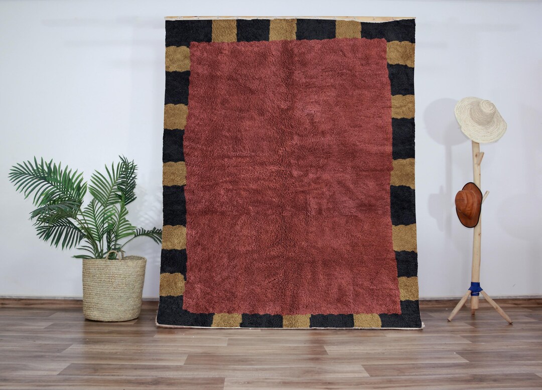 Modern Terracotta Checkered Border Area Rug | Geometric Block Pattern ...