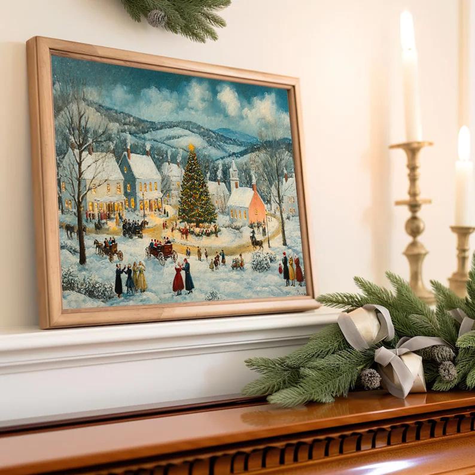 Classic Christmas Village Scene Digital Print | Vintage Winter Town Art ...