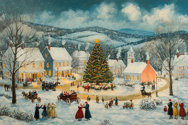 Classic Christmas Village Scene Digital Print | Vintage Winter Town Art ...