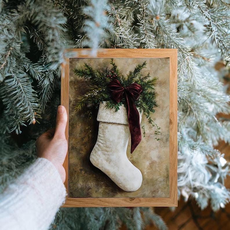 Vintage Christmas Stocking Art Print: Rustic Holiday Decor (digital ...