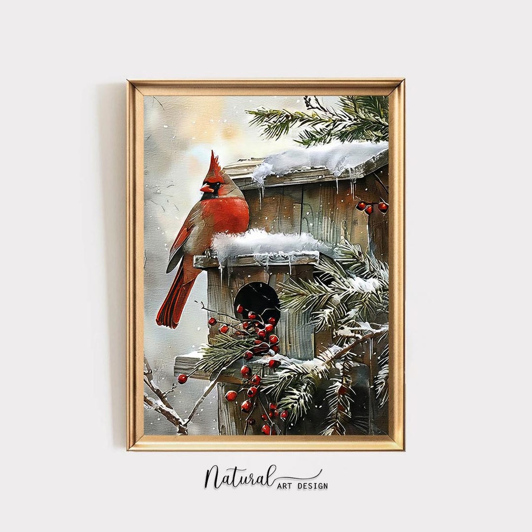 Winter Cardinal Art Print | PRINTABLE Wall Art | Rustic Birdhouse Scene ...