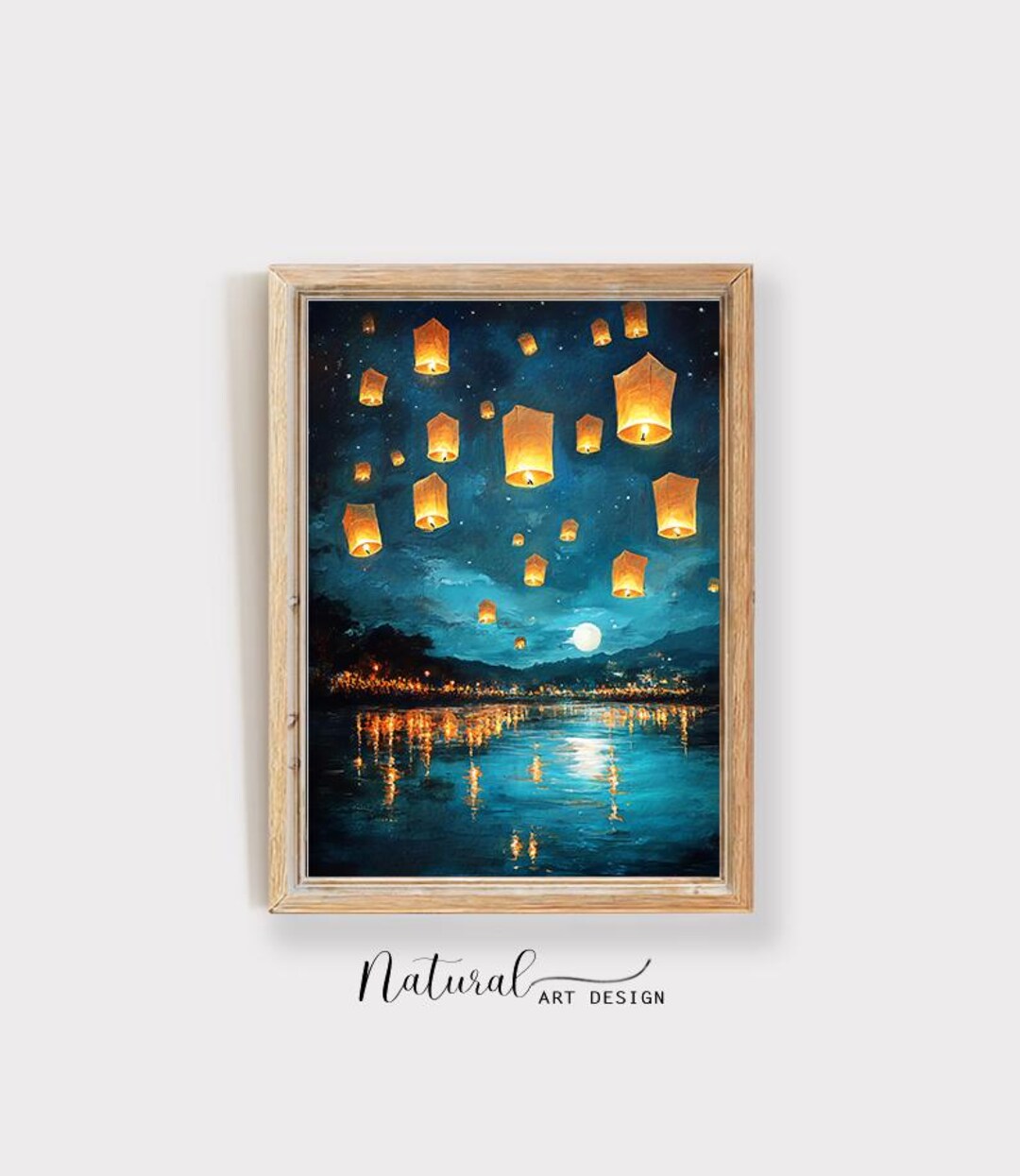 Floating Lanterns Night Sky Digital Oil Painting Tranquil Evening Decor ...