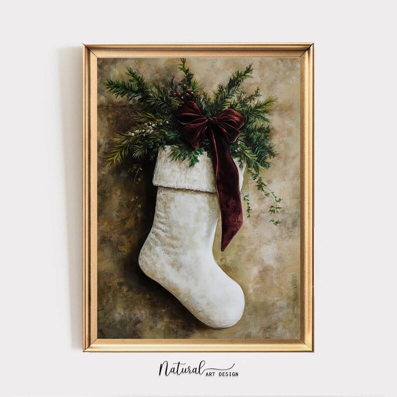 Vintage Christmas Stocking Art Print: Rustic Holiday Decor (digital ...