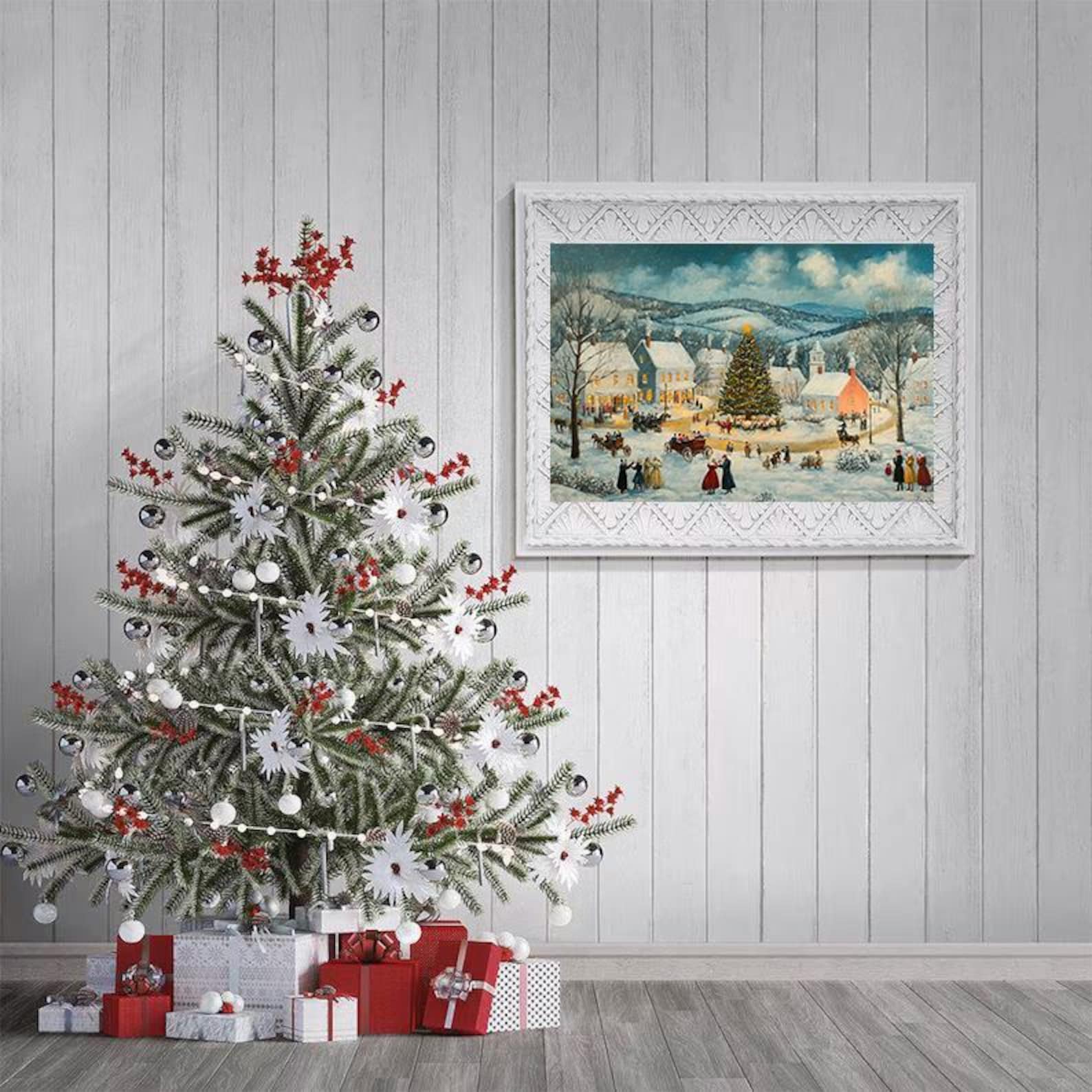 Classic Christmas Village Scene Digital Print | Vintage Winter Town Art ...