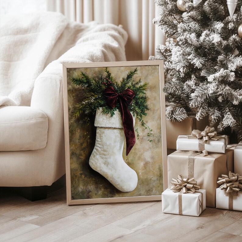 Vintage Christmas Stocking Art Print | Holiday Decor Digital Download ...