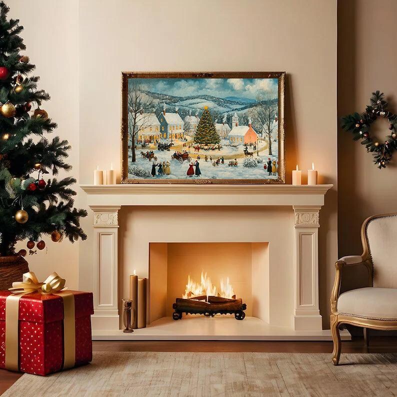 Classic Christmas Village Scene Digital Print | Vintage Winter Town Art ...