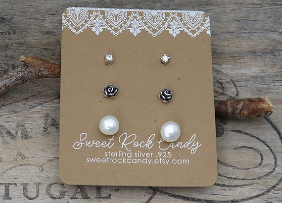 Teeny Tiny Sterling Silver Stud Earring Set 3 Pair Tiny Pearl Tiny Rose 2mm CZ Stud Earrings Mix Match Gift Boxed Earrings S18 Etsy