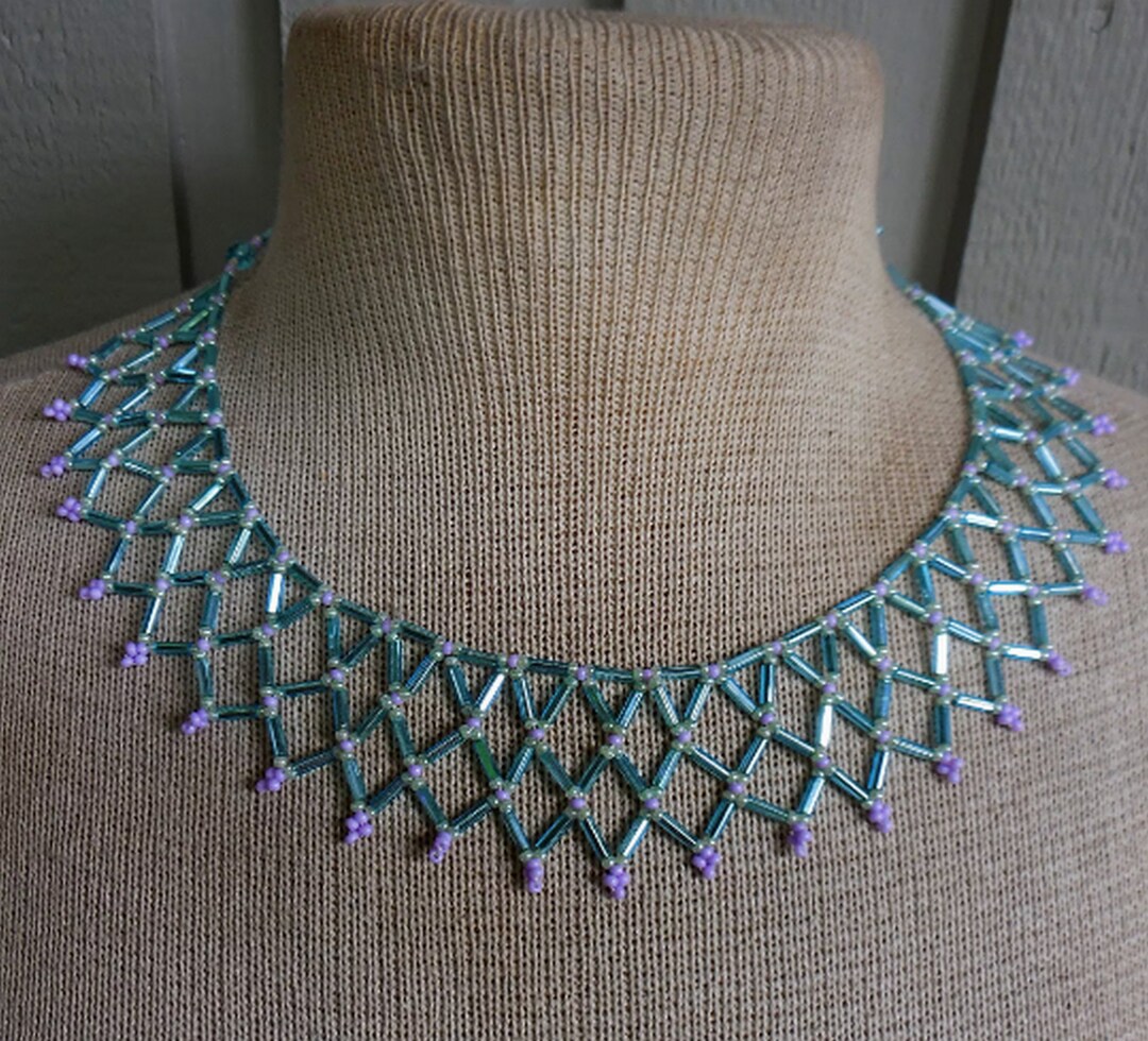Netted Weave Beaded Adjustable Choker Necklace With Aqua Blue Bugle ...