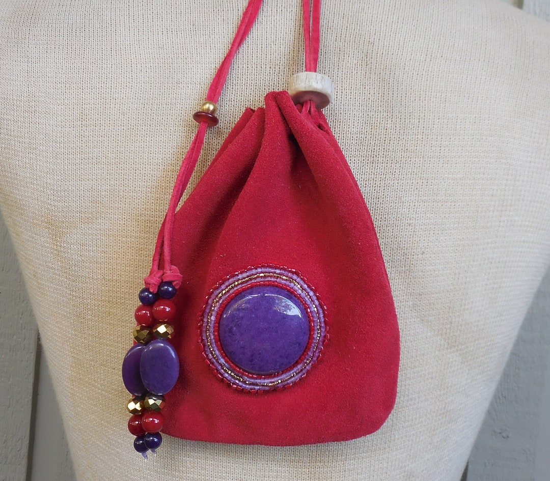 Purple Jade Red Suede Leather Beaded Drawstring Medicine Bag Runes ...