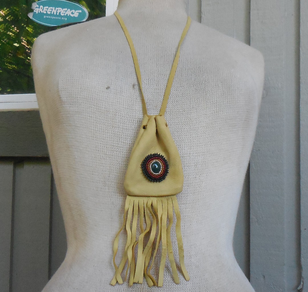 Green Jade Gold Buckskin Beaded Fringed Necklace Pouch in Silver Brass ...