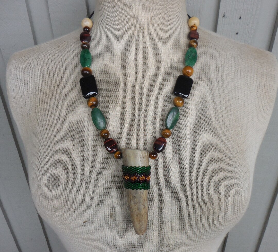 Beaded Antler Tip Adjustable Rasta Necklace With Onyx, Aventurine, Gold ...
