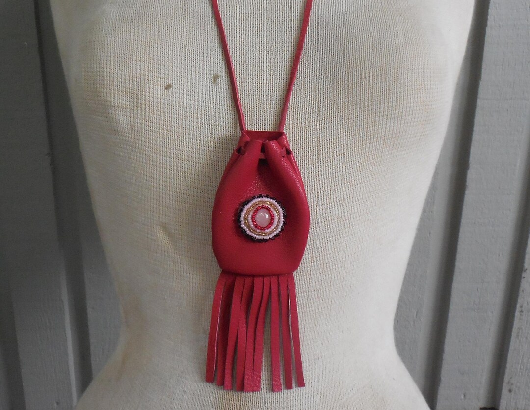 Rose Quartz Fringed Red Buckskin Beaded Necklace Pouch in Rose Pink Red ...
