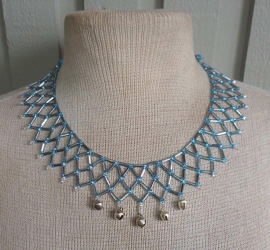 Netted Weave Beaded Adjustable Choker Necklace With Dark Silver Bugle ...