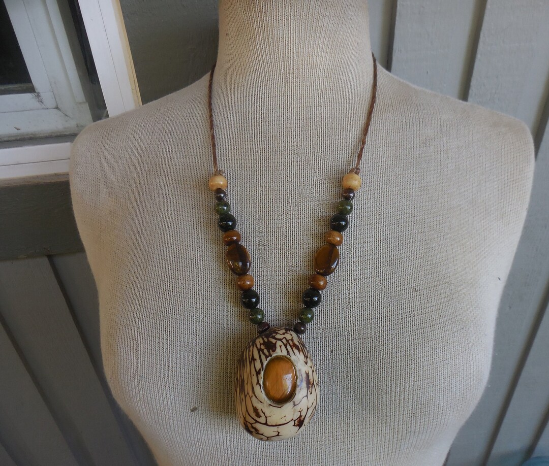 Tagua Secret Pipe Necklace With Tiger's Eye Inlay & Green Goldstone ...